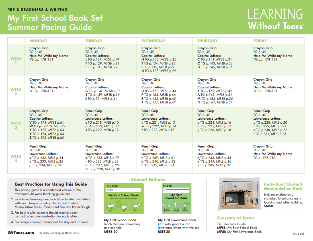 Handwriting Without Tears Summer Pacing Guide Download Learning